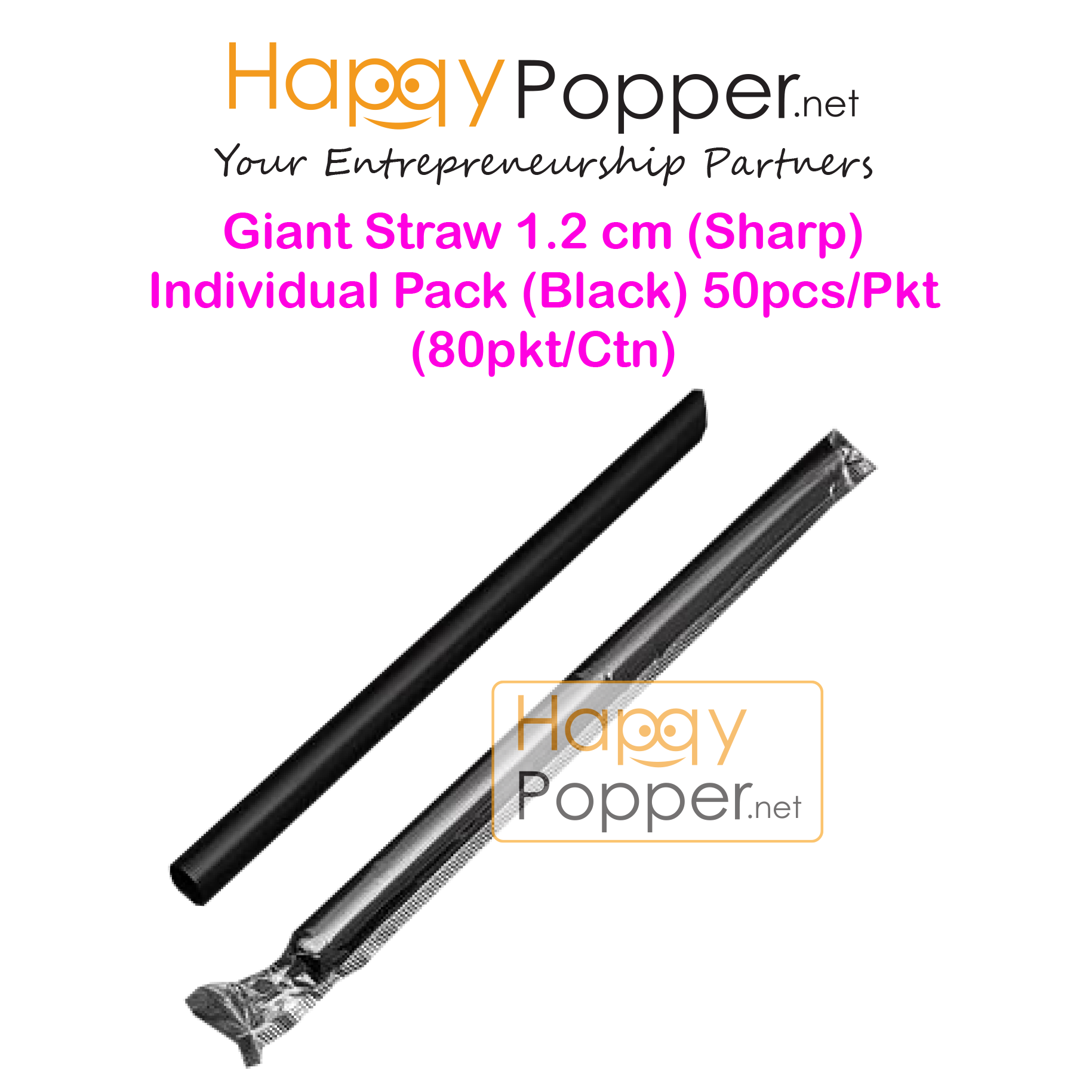 Giant Straw 1.2 cm (Sharp) Individual Pack ( Black ) 50pcs/Pkt ( 80pkt ...