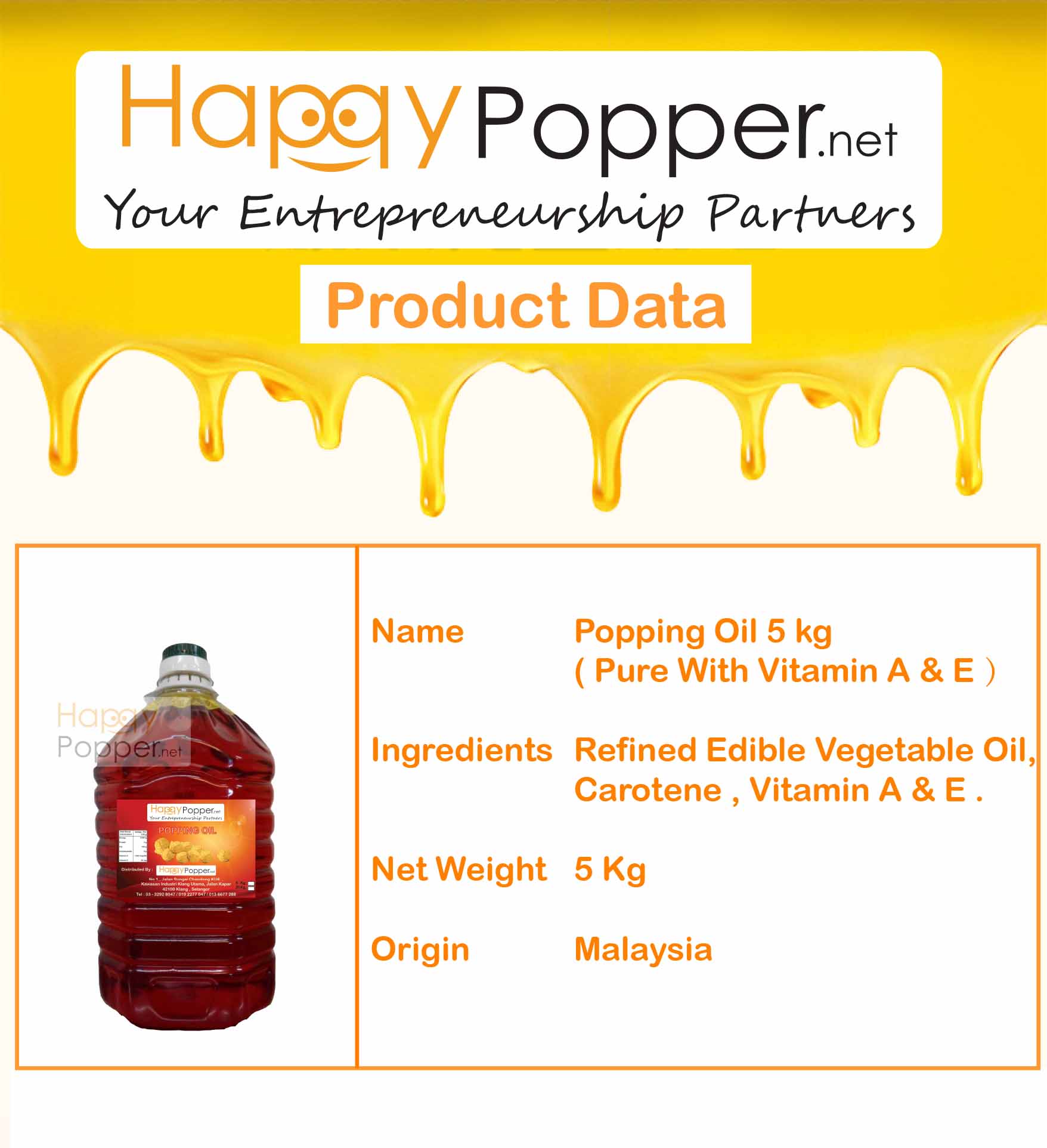 Popping Oil 5 kg ( Pure with Vitamin A & E ) PC-I0013 爆米花专用油（纯含维生素 A ...